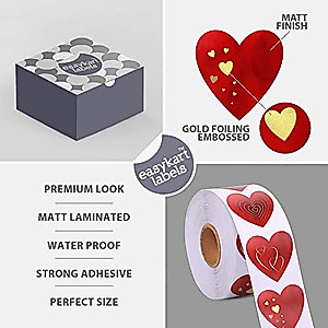 Easykart 500 Red Heart Shape Stickers with Special Gold Foiling, 1.5" Size | 3 Different Designs in one roll | Suitable for Anniversary Love Theme Party Decorations, Valentine's Day Gifting…