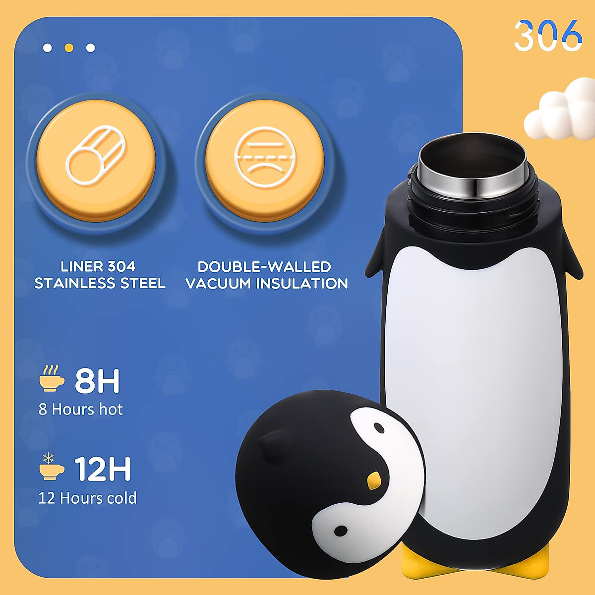 Penguin Water Bottle 2 Pieces 9.5 oz Stainless Steel Penguin Cartoon Water Bottle Funny Travel Mug Insulated Vacuum Water Bottle Travel Coffee Mug for Coffee Tea Beverages Travel, Black and Blue