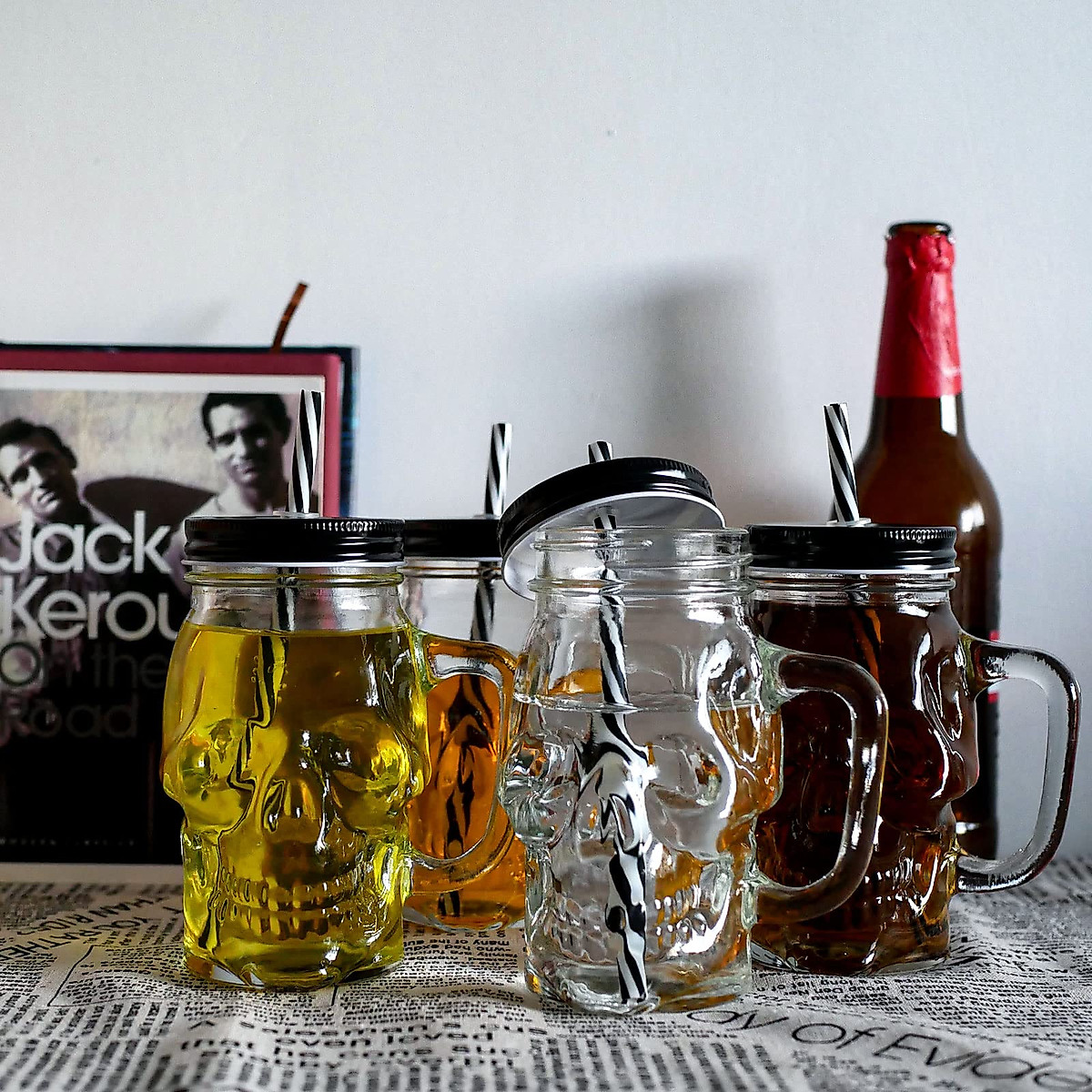 GXFCCYXT 16oz Skull Mason Jar Glass Cup - Set of 4, with Handle & Striped Straws & Black Lids, for Cold & Hot Drinks, Cute Reusable Beer Bottle, Iced Coffee Glasses, Party Juice Glass Cup