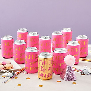 12 oz Birthday Neoprene Can Cooler Sleeves for Soda, Beer, Beverages (Pink, 12 Pack)
