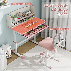 Costzon Kids Desk and Chair Set, Height Adjustable Children School Study Table and Chair Set w/Tilt Desktop, Storage Drawer Hutch, Student Computer Workstation, Kids Desk for Girls Bedroom (Pink)