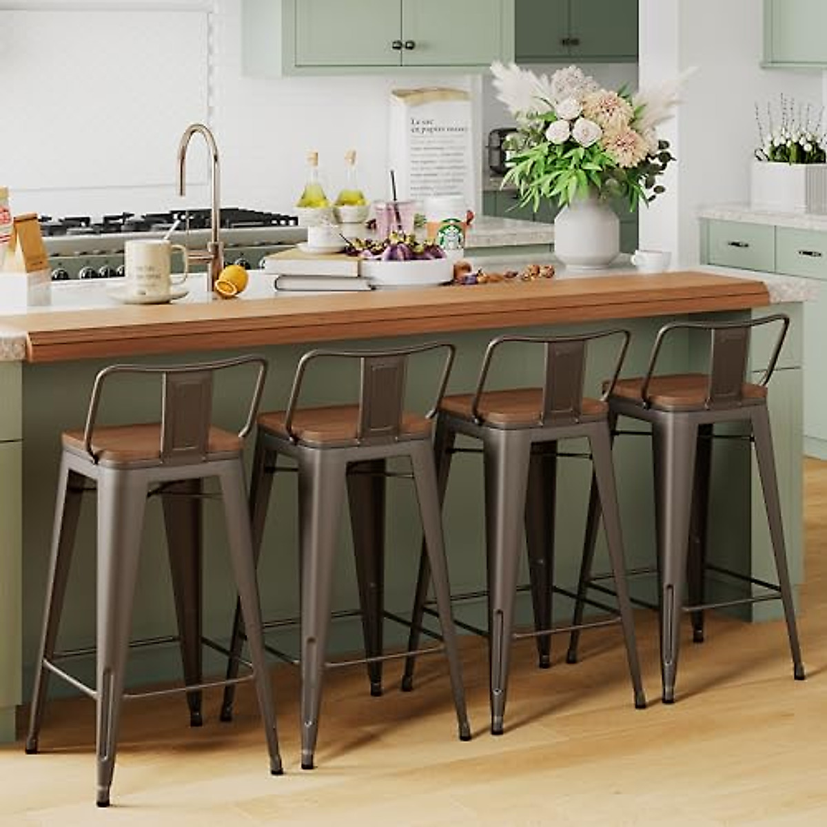 24" Low Back Metal Counter Stool Height Bar Stools with Wooden Seat [Set of 4] for Home Kitchen Barstools