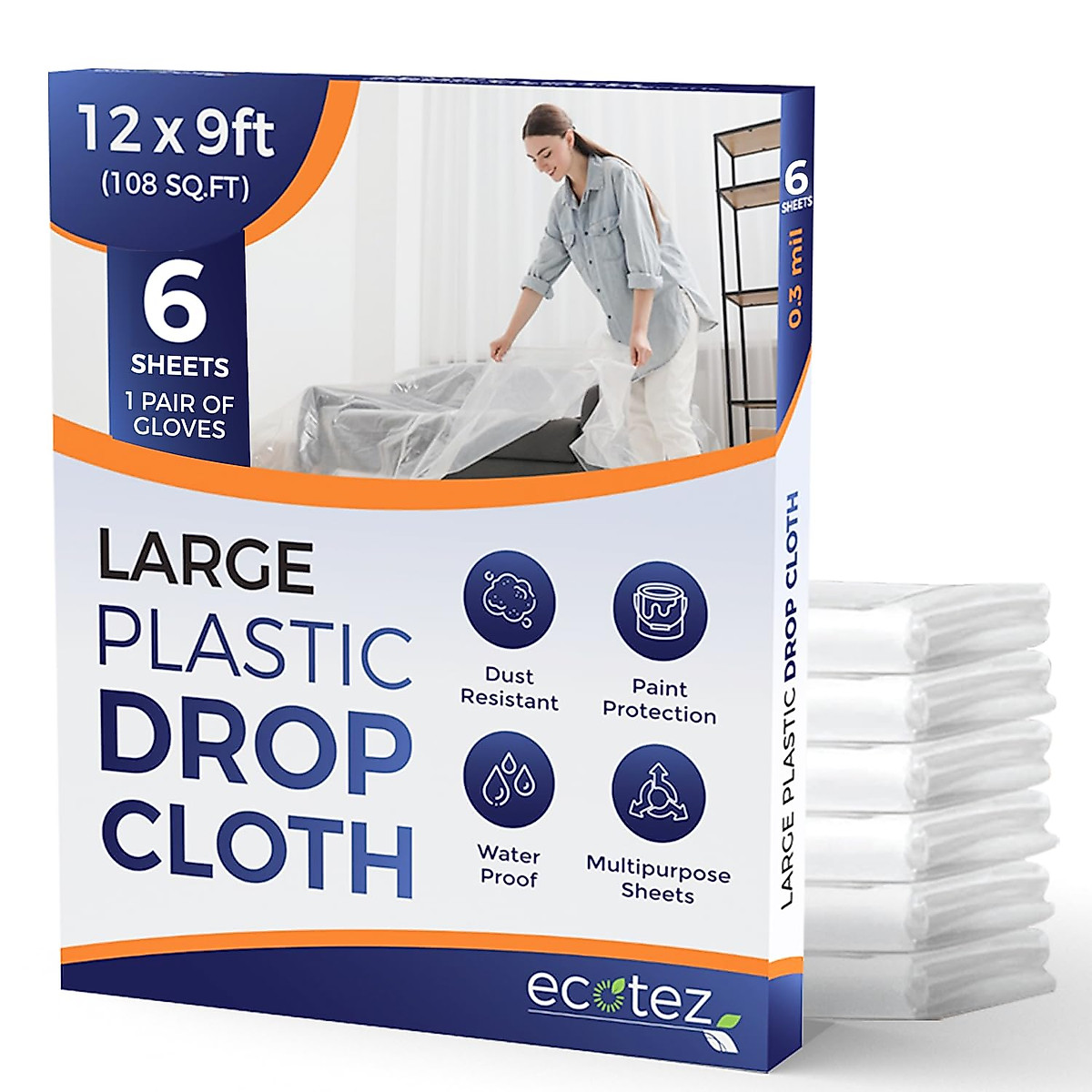 Ecotez 6 Pack 12 x 9 ft Extra Large Painter’s Plastic Drop Cloth Painting Sheet-Light & Durable Dust Cover-Clear Plastic Sheet-Plastic Sheeting-Plastic Cover-Paint Drop Cloth- Plastic Floor Protector
