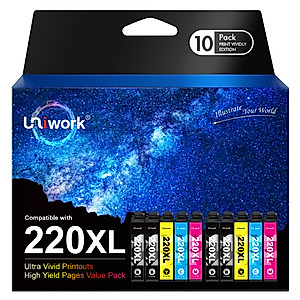 Uniwork Remanufactured Ink Cartridge Replacement for Epson 220 XL 220XL use for WorkForce WF-2750 WF-2760 WF-2630 WF-2650 WF-2660 XP-320 XP-420 Printer Tray (4 Black 2 Cyan 2 Magenta 2 Yellow 10 Pack)