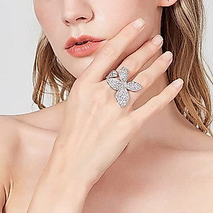 dnswez Silver Double Finger Ring, Statement Big Butterfly Open Adjustable Rings Silver Full CZ Flower Cocktail Rings Jewelry Gifts - Mothers Day Gifts (Light Gray, Adjustable)