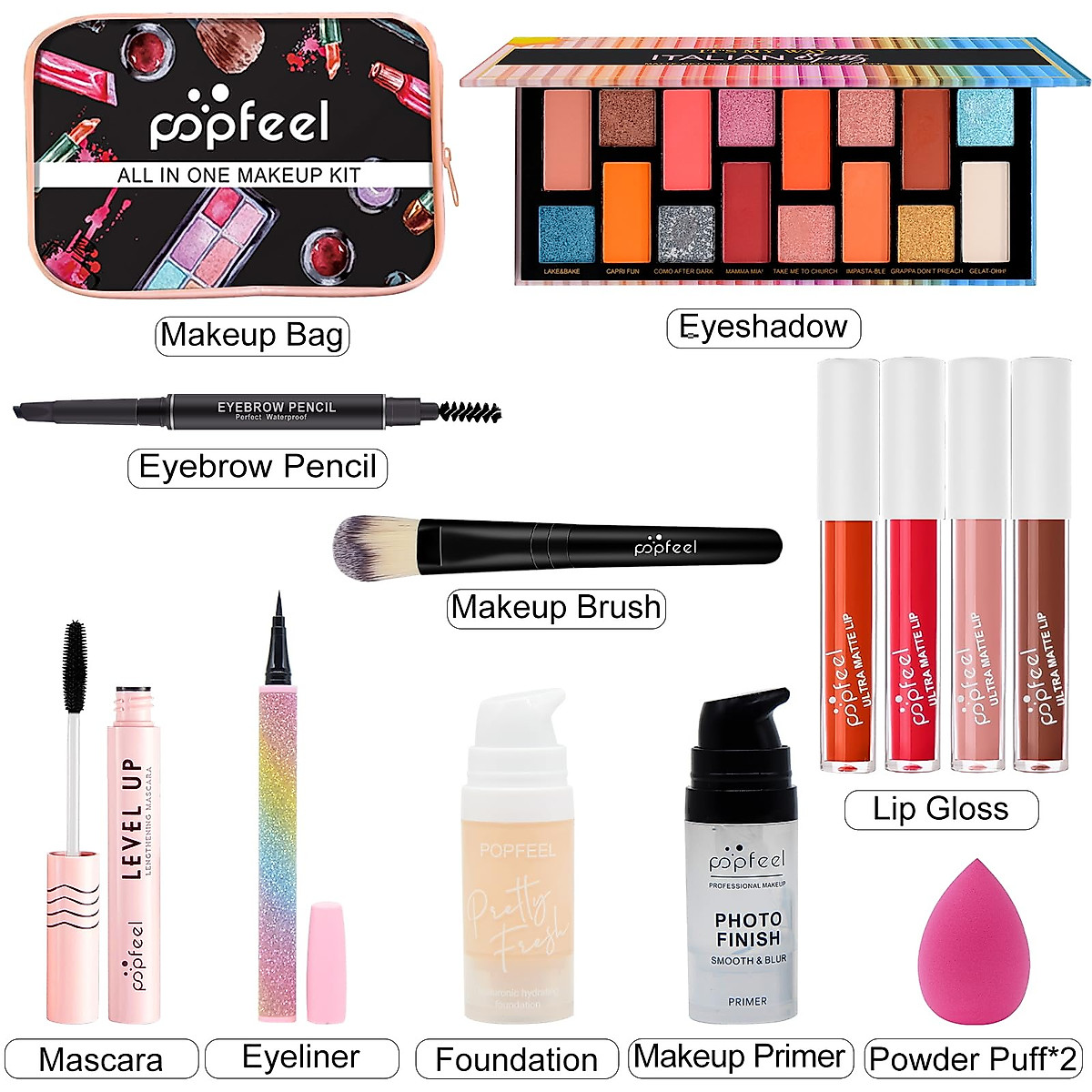 Professional Makeup Kit Set,All in One Makeup Kit with 16 Colors Eyeshadow Palette,Liquid Foundation & Smooth Primer,4 Pcs Lipstick,Eyeshadow Pencil,Mascara,Face Blush for Teens Teenager