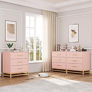 GarveeHome 3 Drawer Dresser, Wood Chest Drawers with Storage for Closet, Bedroom, Drawers Dresser Modern Bedside Nightstand with Gold Handles, Pink