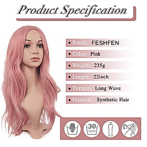 FESHFEN Long Pink Wigs for Women 22 inch Curly Wavy Full Wig Middle Parting Wigs Natural Looking Synthetic Wig Extensions for Daily Cosplay