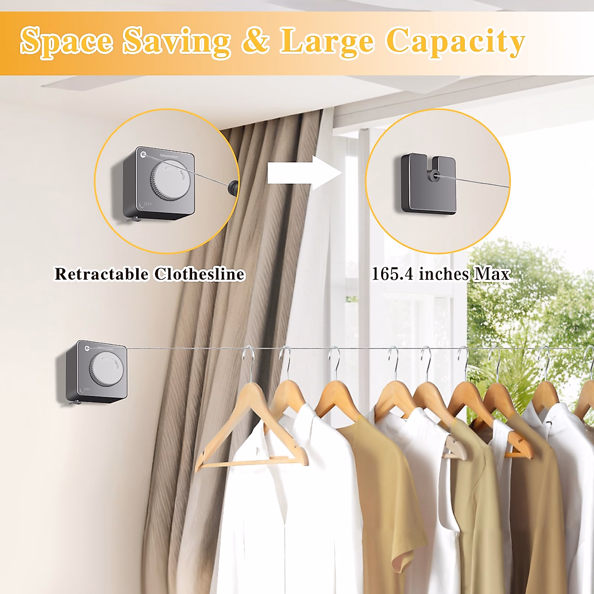 tatamelon Retractable Clothesline Indoor, Non-Sagging Outdoor Clothes Line retracting,13.8 Ft Heavy-Duty Clothes Drying Laundry Line,Wall Mounted Stainless Steel Line（Grey）