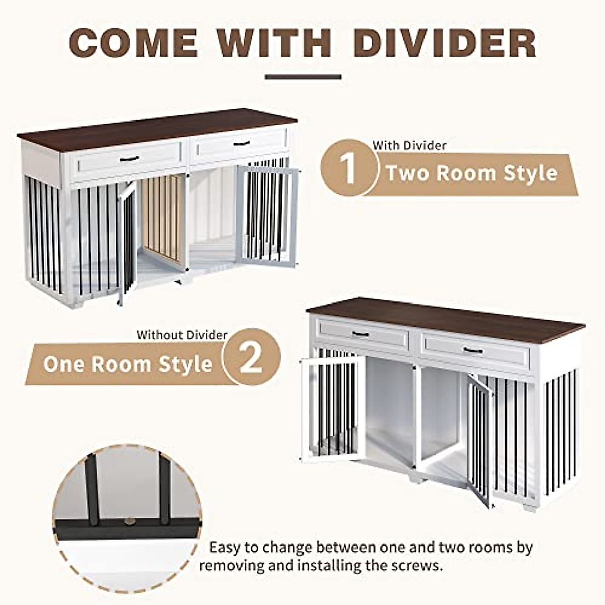 JINLLY Large Dog Crate Furniture, 72.4" Wooden Dog Crate Kennel with 2 Drawers and Divider, XXL Heavy Duty Dog Crates Cage Furniture for Large Dog or 2 Medium Dogs Indoor, White