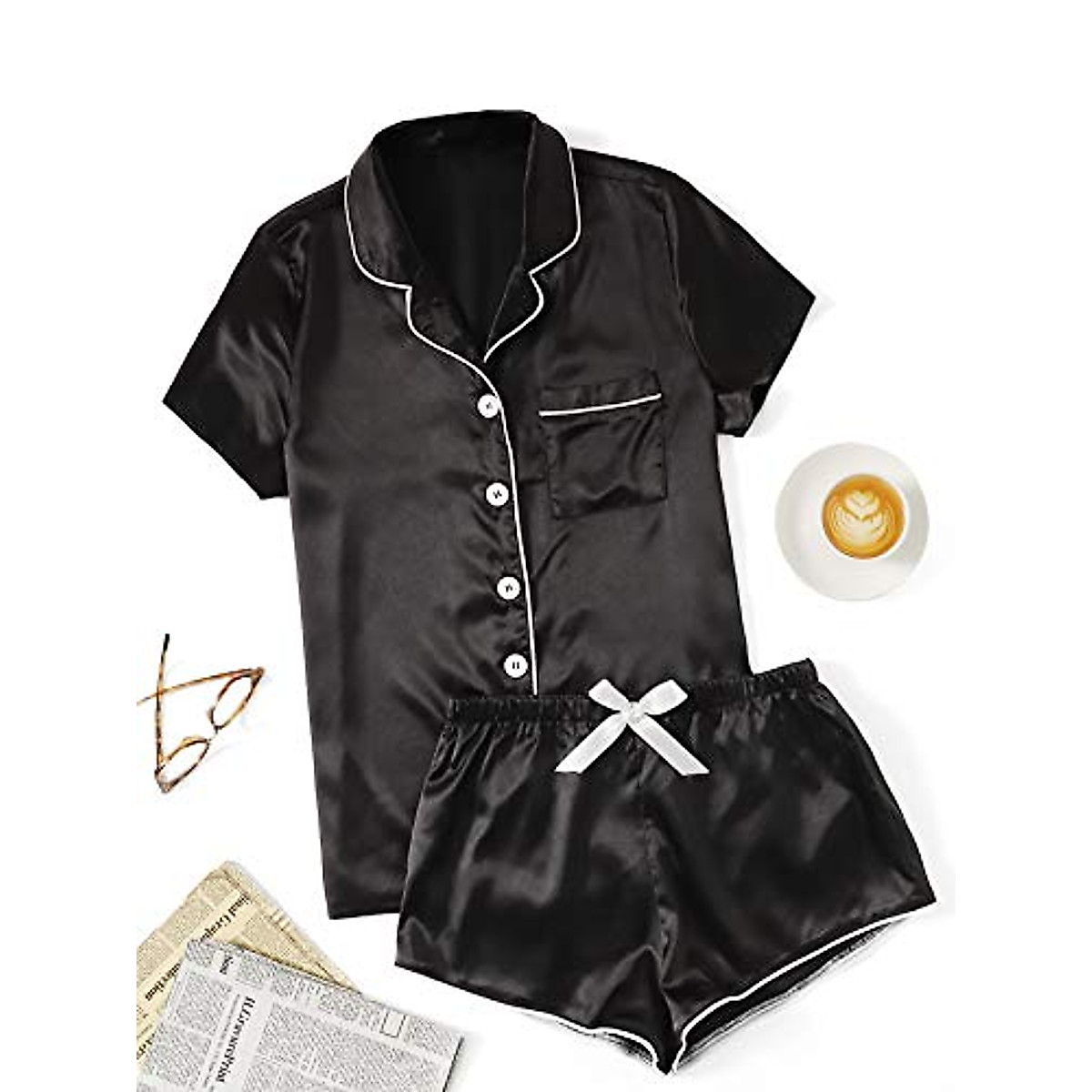 WDIRARA Women's Sleepwear Striped Satin Short Sleeve Shirt and Shorts Pajama Set Dull Black S