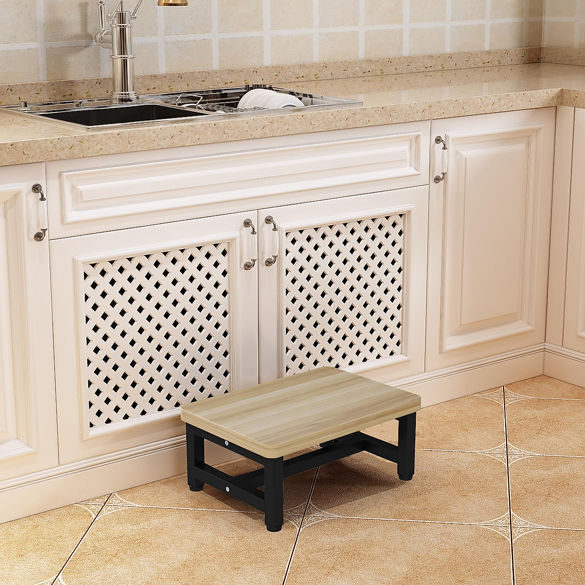 Wooden Step Stools for Adults & Kids, 500 Lbs Capacity, Heavy Duty Wide Wooden Stepping Stools for Kitchen, Bedroom, Living Room, Bathroom with Non-Slip Pads, Bed Steps for High Beds, Metal (Walnut)