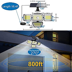 NUNET Solar Motion Sensor Lights Outdoor 278 LEDs PIR Security Solar Flood Lights w.Detachable 1.5W Solar Panel 3 Modes Remote IP65 Waterproof 4 Heads 270°Angle Wall Lamp for Shed Yard(1 Pack)