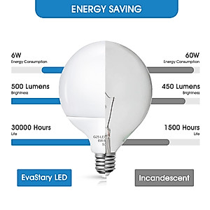 EvaStary G25 LED Globe Bulbs, Vanity Light Bulb for Bathroom Vanity Mirror, 60W LED Light Bulbs Equivalent, Bright 5000K Daylight E26 Base Bulb, 6W LED for Round Makeup Mirror Home Lighting, 6 Pack