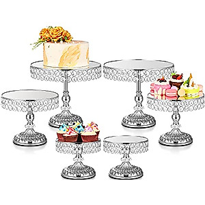 Set of 6 Silver Cake Stands Round Metal Party Cake Stand Set with Crystal Edge Dessert Display Plate Cupcake Holder Stands for Wedding Party Birthday Baby Shower Anniversaries Celebration Home Decor