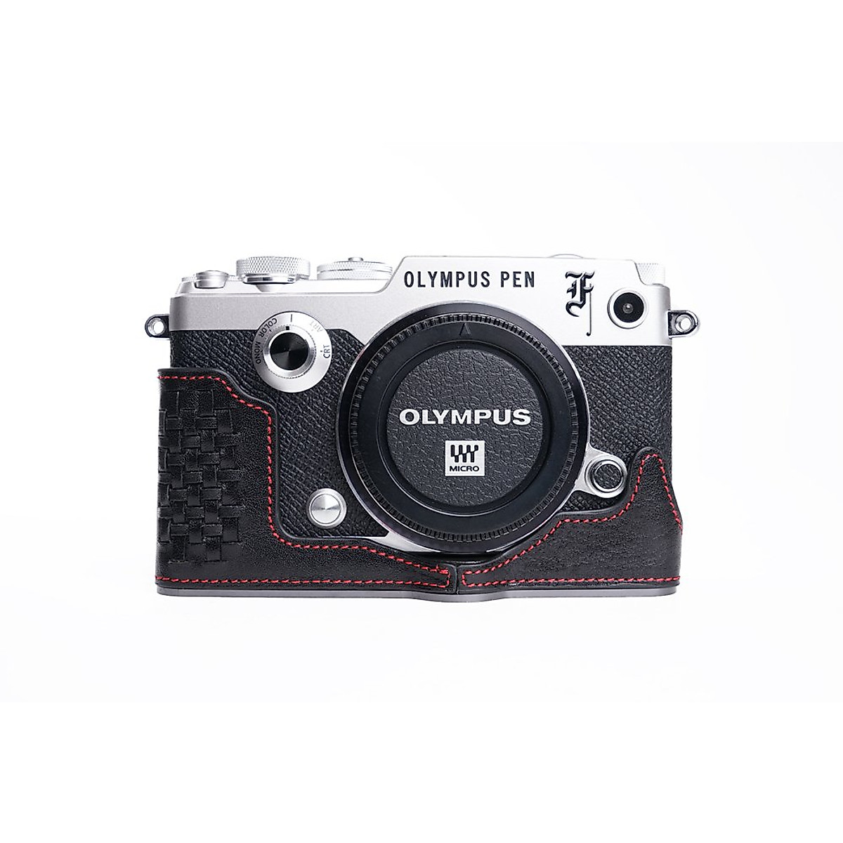 PENF Case, BolinUS Handmade Genuine Real Leather Half Camera Case Bag Cover for Olympus PEN-F Bottom Opening Version -Black