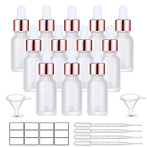 12 Pack,0.5 Oz Matte Glass Dropper Bottle,Empty Frosted Essential Oil Dropper Bottle Holder With Glass Eye Dropper,Rose-Golden Caps Perfume Travel Vial Container-Pipette,Stickers,Funnel included