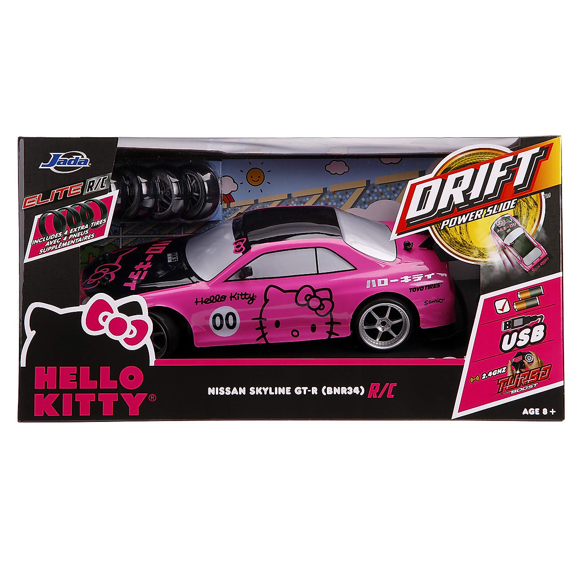 Jada Toys Hello Kitty Nissan Skyline GT-R (Bnr34) Drift Power Slide Elite R/C, USB Charging, with 4 Extra Tires, Pink
