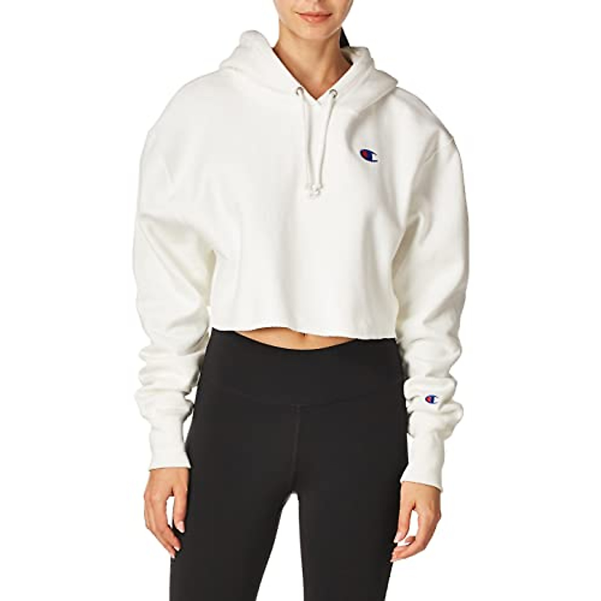 Champion womens Reverse Weave Cropped Cut-off Hoodie, Left Chest C Hooded Sweatshirt, White-549302, Medium US