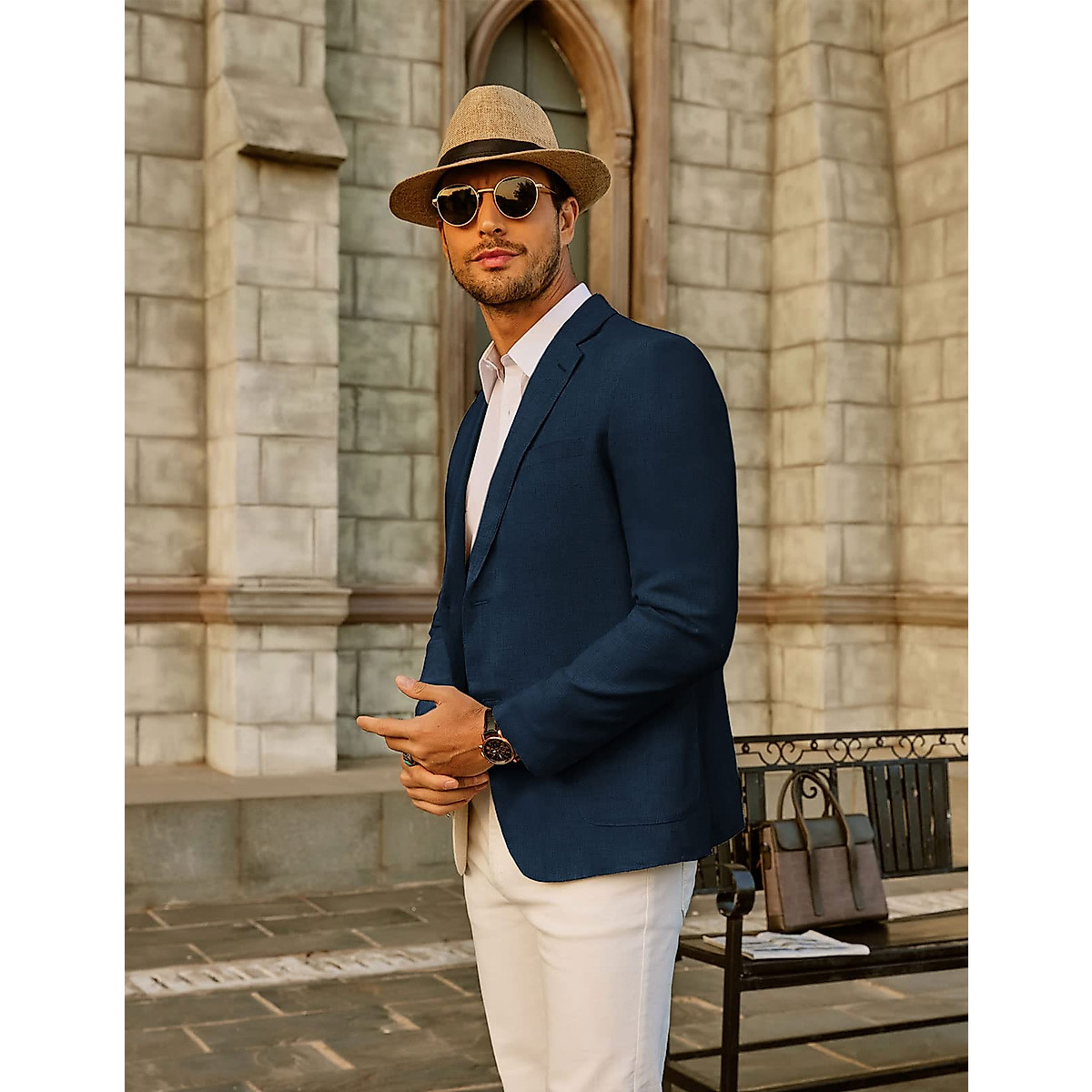 Men's Tailored Linen Blazer Casual Slim Fit Lightweight Jacket Navy L