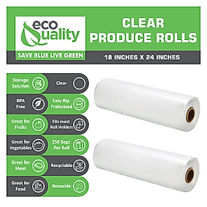 EcoQuality 18" x 24" Plastic Produce Bags on a Roll 250 Bags/Roll - Food Storage Bags, Clear Plastic Bags for Vegetables, Food, Fruits, Bread, Pet Waste Bags, Grocery Bags, Supermarket Bags (12)