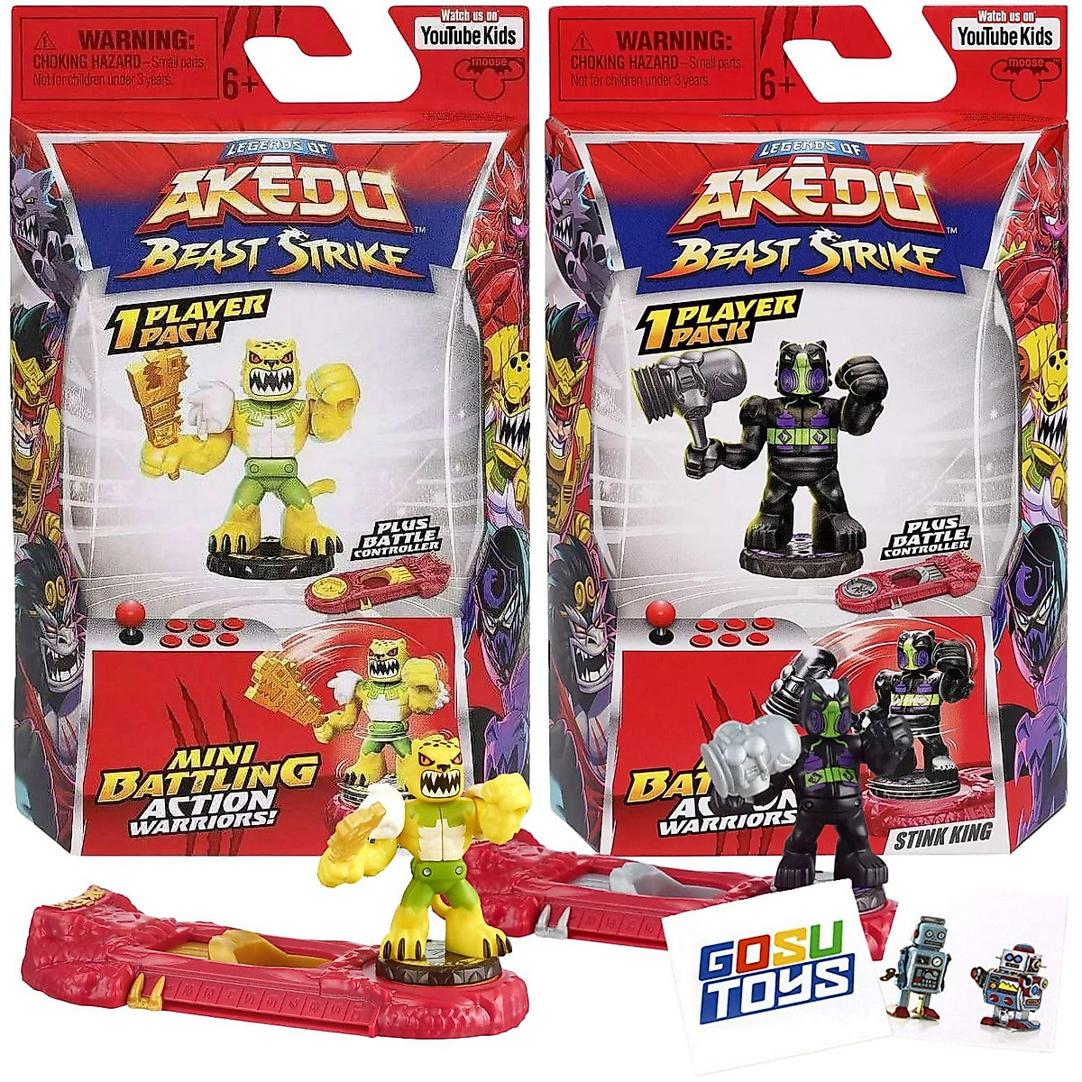 Akedo Beast Strike Ultimate Arcade Warriors Mini Battling Action Figures with Battle Controller - 2 Pack (Assorted) with 2 Gosutoys Stickers