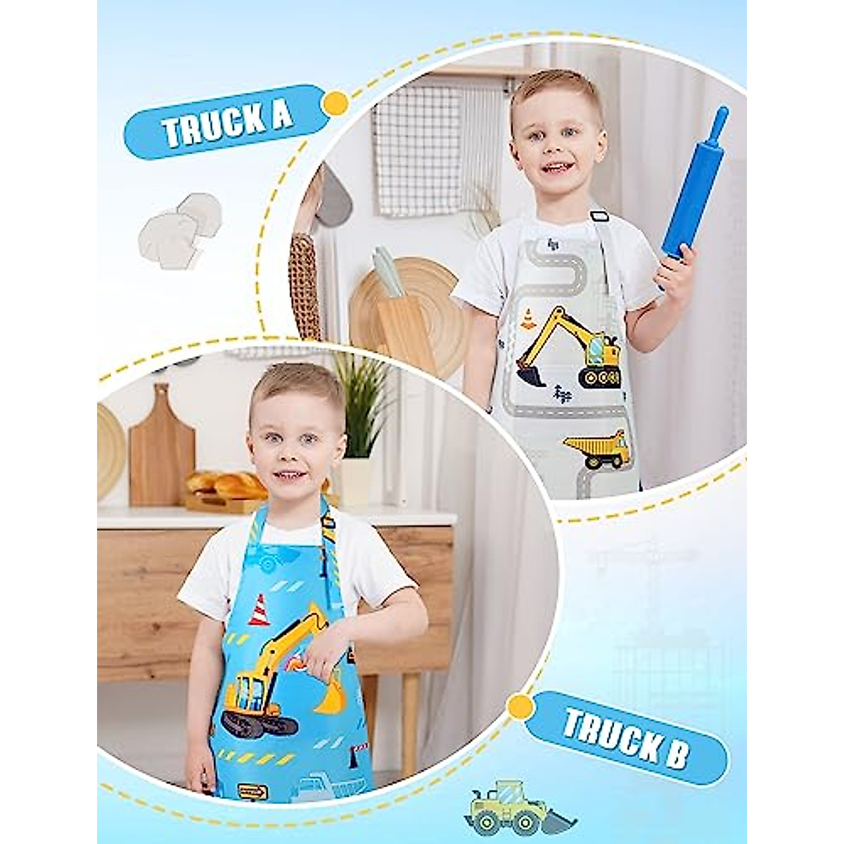WERNNSAI 2 Pack Kids Aprons - Truck Kids Art Aprons for Boys Waterproof Toddler Chef Aprons Cooking Baking Painting Gardening Apron for Kids with Pocket Kitchen Classroom Art Smocks Age 6-10 Years