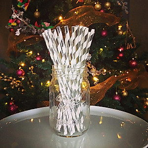 ALINK Biodegradable Silver Paper Straws Bulk, Pack of 100 Metallic Foil Striped/Wave/Dots Straws for Birthday, Wedding, Bridal/Baby Shower, Christmas Decorations and Party Supplies