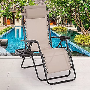FDW Zero Gravity Chair,Zero Gravity Lounge Chair,1 Pack Folding Lawn Chair Adjustable Reclining Patio Chairs with Pillow and Side Table for Pool Yard with Cup Holder (Tan)