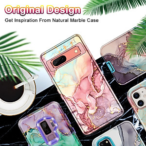 Btscase for Google Pixel 7A Case, [5 in 1] with 2 Pack Screen Protector + 2 Pack Camera Lens Protector, Marble Pattern Full Body Three Layer Rugged Shockproof Protective Cover (2023), Rose Gold