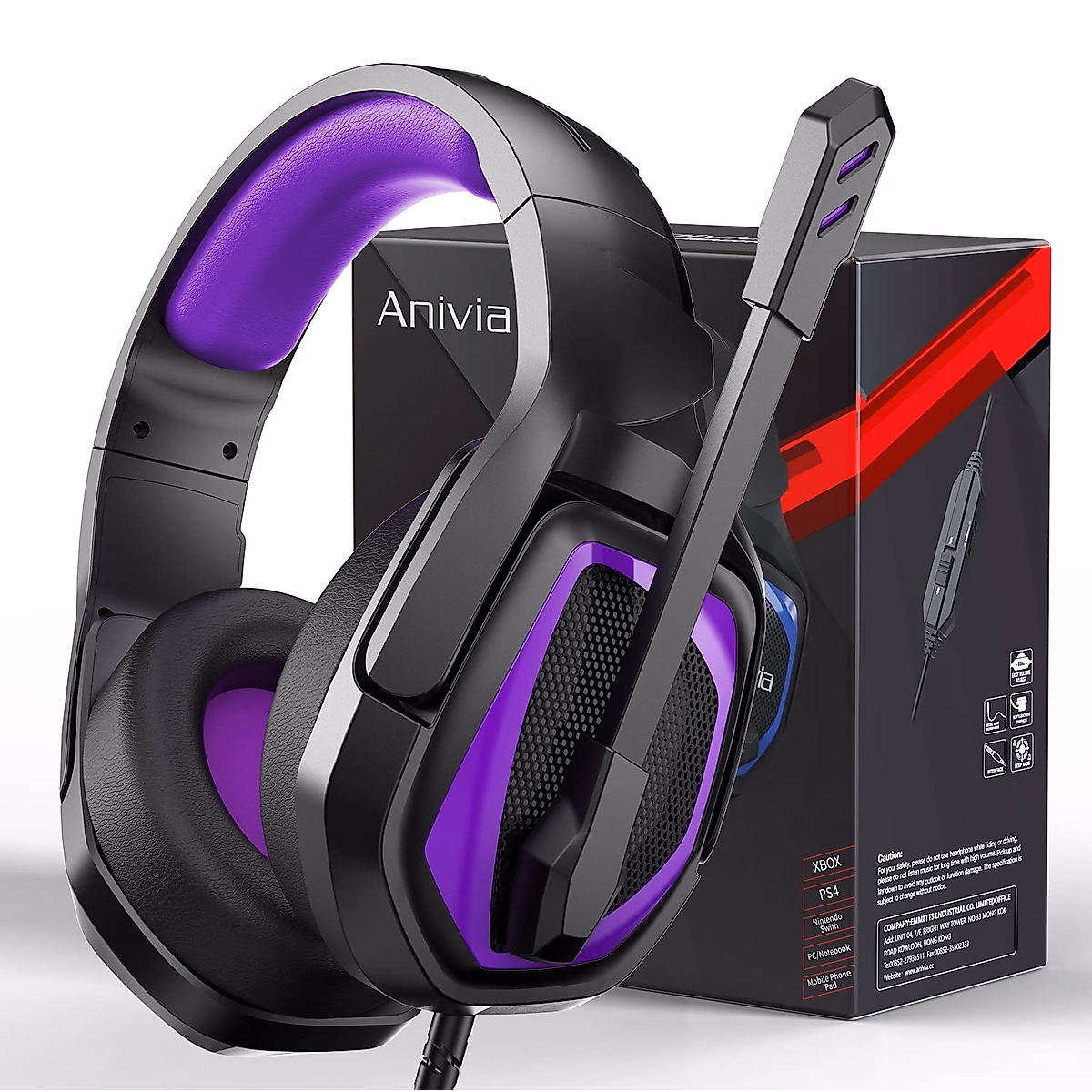 Anivia Over Ear Headphones Wired with Surround Sound, Bass, Volume-Control, Soft Memory Earmuffs for Multi-Platforms - 3.5mm Headsets Stereo Gaming Headset with Microphone - Black Purple