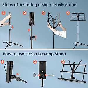 CAHAYA Dual-Use Reinforced Folding Sheet Music Stand with Stand Light & Desktop Book Stand Lightweight Portable Adjustable with Carrying Bag Including Music Sheet Clip Holder