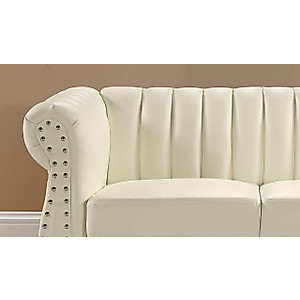 Container Furniture Direct Chesterfield-Inspired 77" Faux Leather Sofa with Elegant Design, Gourd Legs, and Sustainable Pleather Upholstery, 3 Seater Couch for Living Rooms and Offices, Cream White