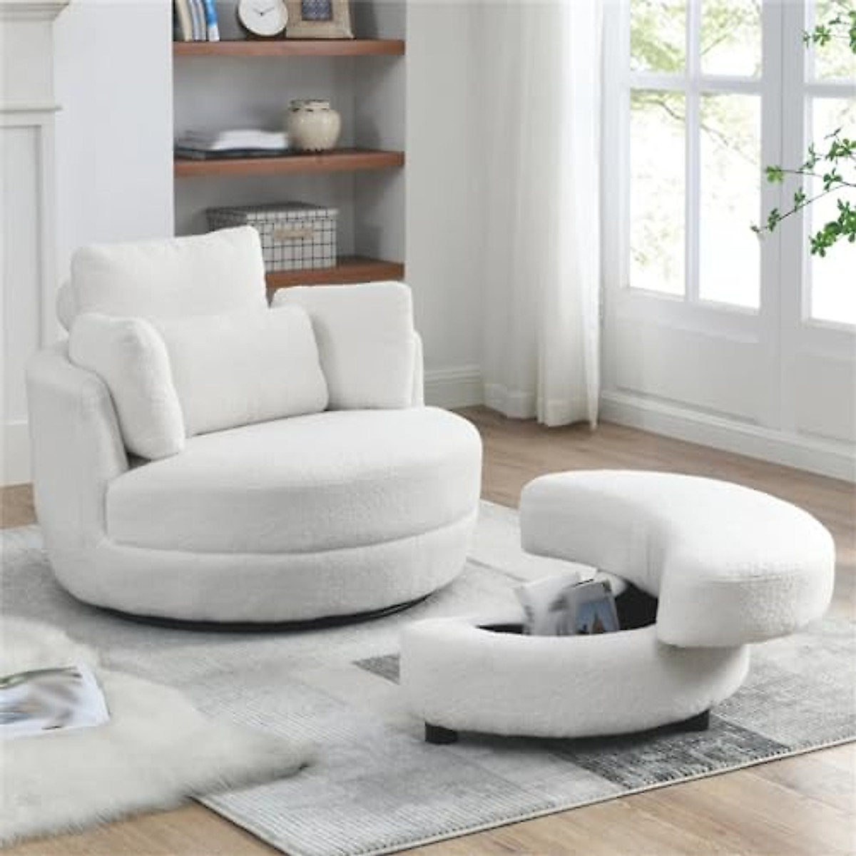 YASEZ 39" W Oversized Swivel Chair with Moon Storage Ottoman, Accent Round Loveseat Circle Swivel Barrel Chairs for Living Room