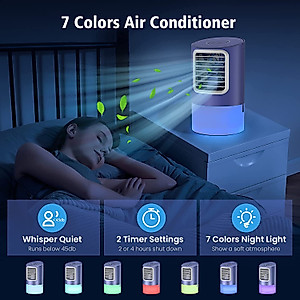 Portable Air Conditioner, 3-in-1 Personal Air Cooler with 3 Speed, 400ML Evaporative Humidifier with 2/4 Timer, Desktop Mini Cooling Misting Fan for Room Home Office, 7 Color Night Lights (White)