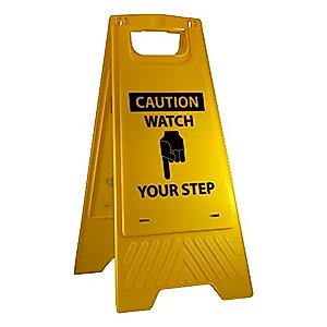 NMC HDFS213 CAUTION-WATCH YOUR STEP Sign with Graphic– 10.75 in. x 24.63 in. Heavy-Duty Plastic, Double-Sided Floor Sign with Black on Yellow