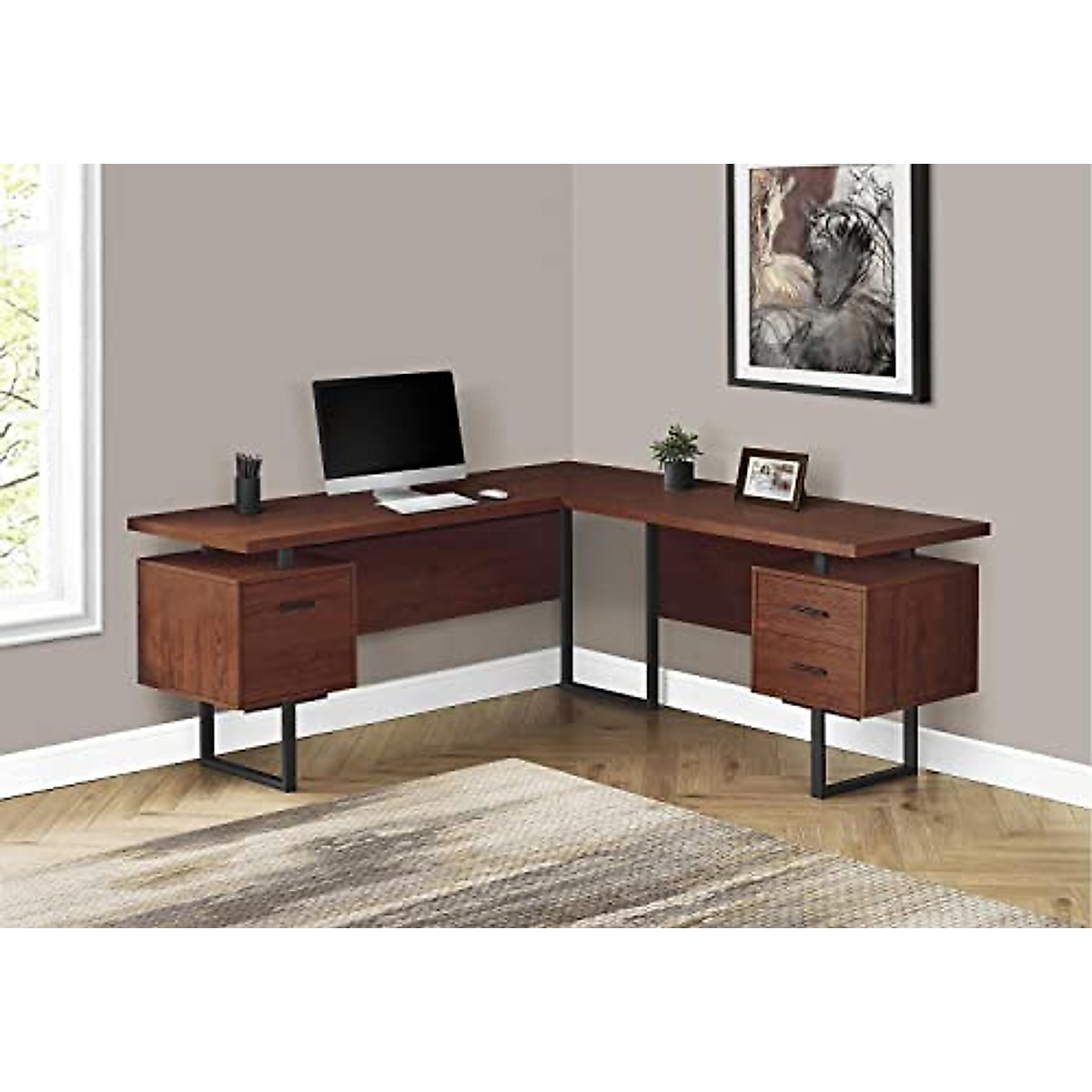 Monarch Specialties I 7611 Computer Desk, Home Office, Corner, Left, Right Set-up, Storage Drawers, 70" L, L Shape, Work, Laptop, Metal, Laminate, Brown, Black