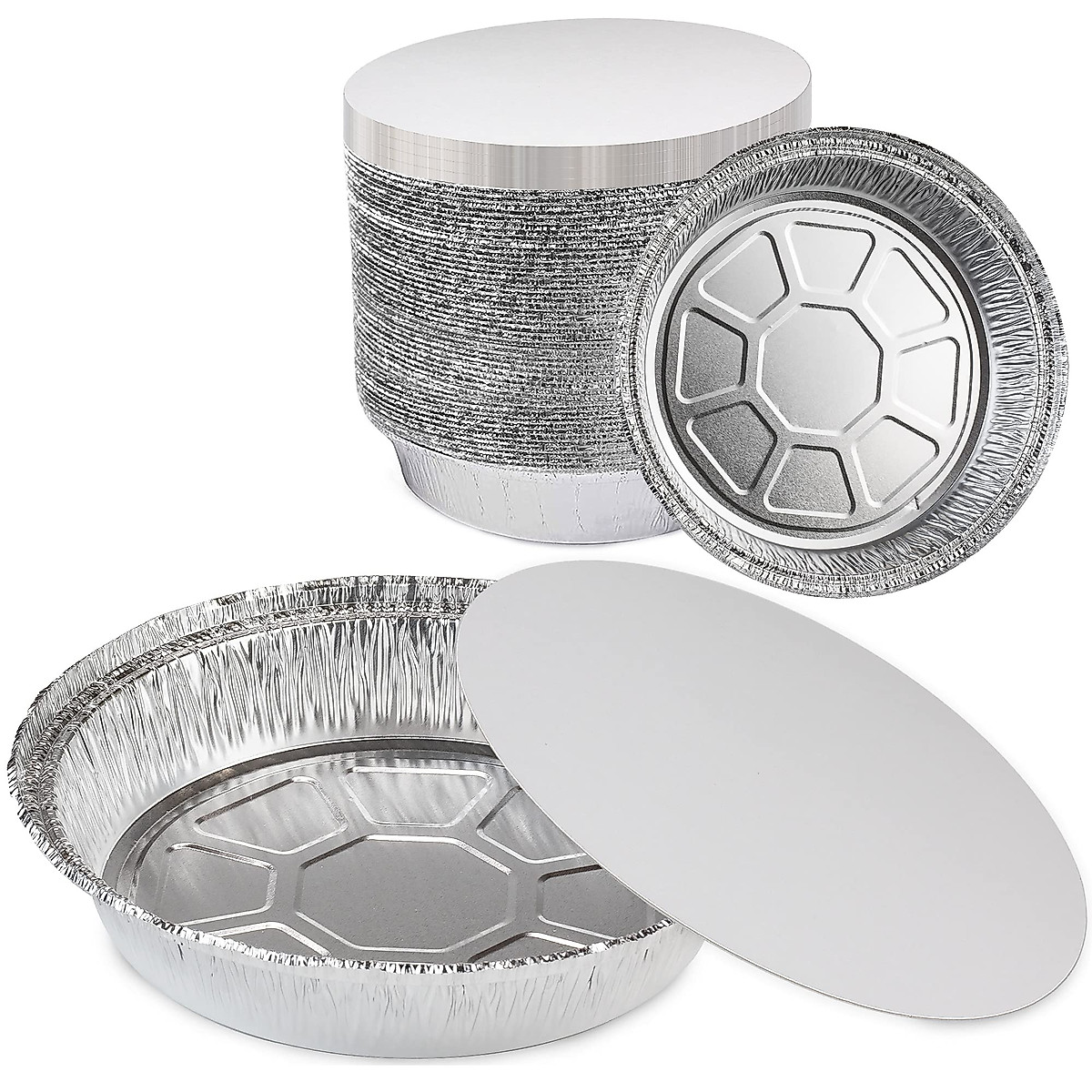 Fit Meal Prep [50 Pack] Round 8 Inch 37 oz, 2.3 lb, 1.1 Quart Disposable Aluminum Foil Pan Take Out Food Containers with Flat Board Lids, Steam Table Hot Cold Freezer Roasting Baking Oven Safe