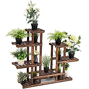 Giantex Flower Rack Wood Plant Stand 7 Wood Shelves 13 Pots Bonsai Display Shelf Indoor Outdoor Yard Garden Patio Balcony Living Room Multifunctional Storage Rack Bookshelf W/Hollow-Out Rack