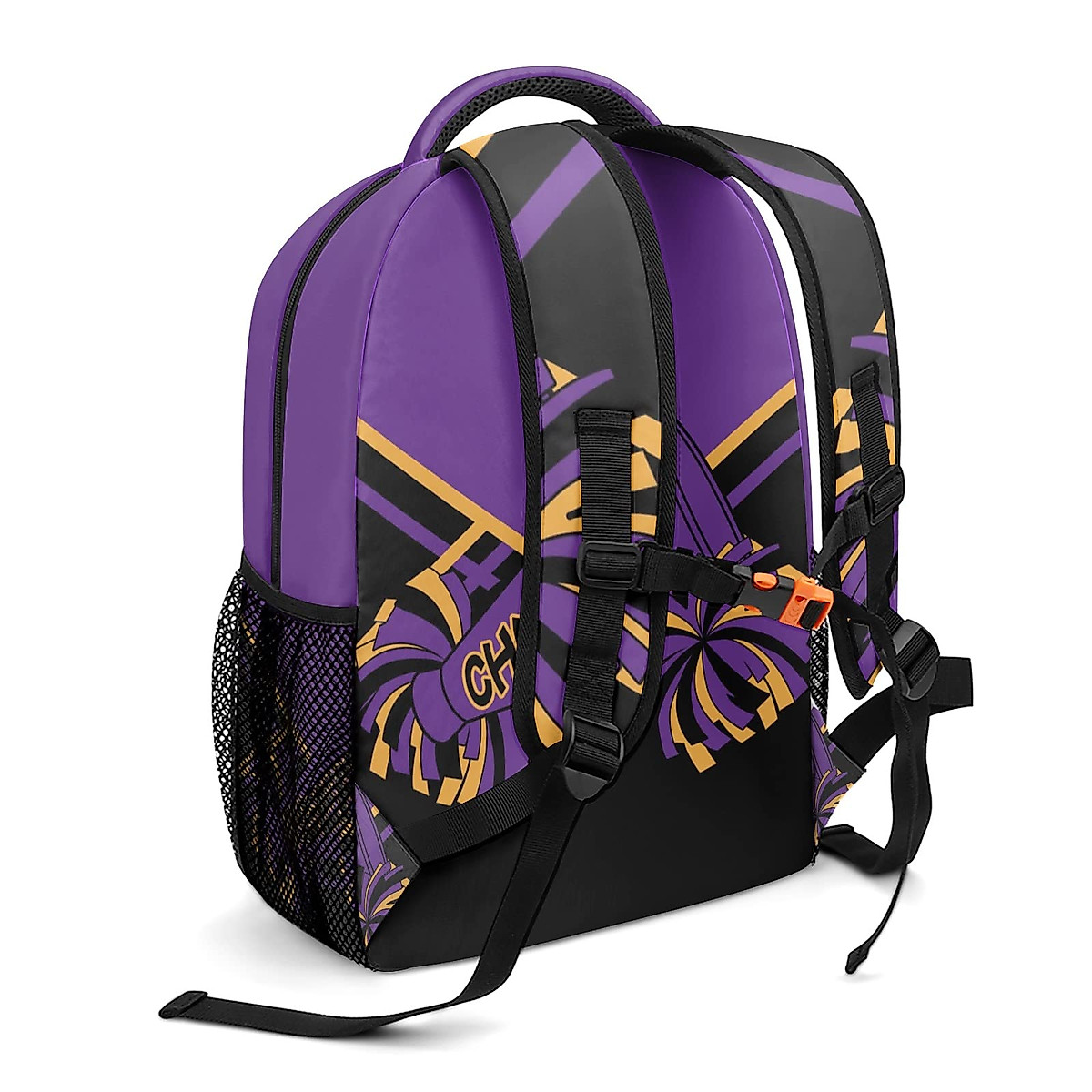 CUXWEOT Cheer Cheerleader Purple Gold Backpack Personalized Book Bag Sport Casual Hiking Camping Pack with Name