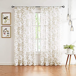 Leaf White Sheer Curtains for Living Room Bedroom 84inches Long Taupe Leaves Print Light Filtering Rustic Window Curtain Panels Botanical Linen Textured Look Drapes for Garden Patio Office 50” w 2pcs
