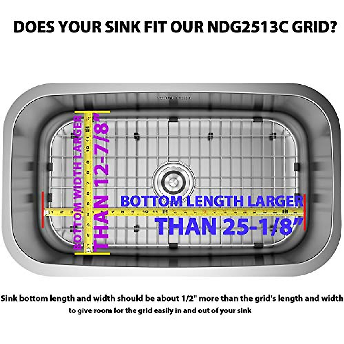 Serene Valley Sink Bottom Grid 25-1/8" x 12-7/8", Centered Drain with Corner Radius 1-1/2", Sink Grid Stainless Steel NDG2513C