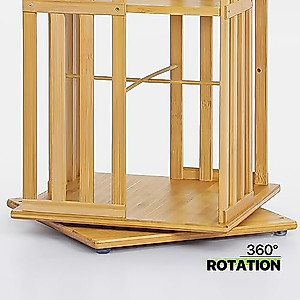 Magshion Rotating Bookcase 4-Tier Corner Shelf Bamboo Media Storage, 59.8" High Revolving Floor Standing Storage Organizer Living Room Bedroom 360 Degree Rotating Storage (Natural, Stripe Guardrail)