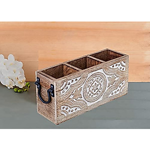 Eximious India Wooden 3 Compartment Flatware Utensil Caddy Silverware Cutlery Holder for Party Fork Spoon Knife Holder Organizer Hand Carved CTH02