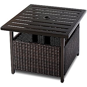 Giantex Outdoor Side Table with Umbrella Hole, Rattan/Wicker Umbrella Stand Table, Steel Metal Patio Bistro Table for Outdoor Deck Garden Pool, Brown