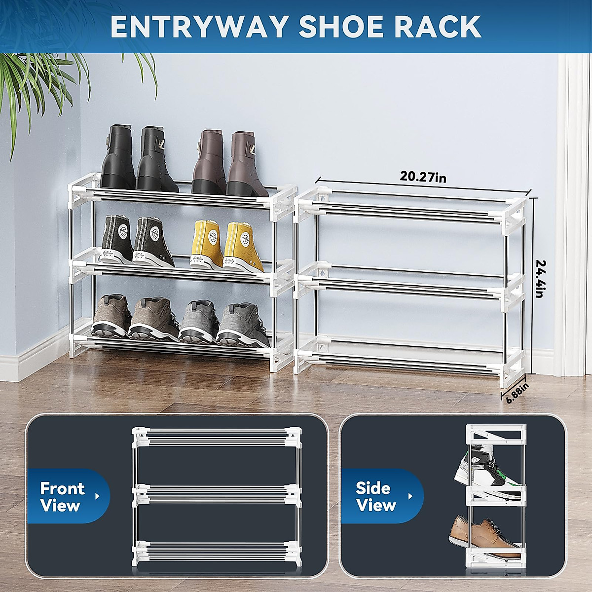 DEYILIAN Shoe Rack for Entryway, 3 Tier Shoe Rack for Closet Floor Shoe Storage, Narrow Shoe Rack with Slanted Shelves, Shoe Rack Organizer for Small Spaces Shoe Stand 20.27 x 6.88 x 24.4 in White