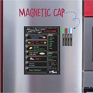 Magnetic Dry Erase Menu Board for Fridge Includes 4 Liquid Chalk Markers - Weekly Meal Planner Blackboard, Grocery List and Notepad for Kitchen Refrigerator - Chalkboard Magnet