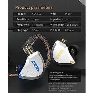 CCA C12 5BA+1DD in Ear Monitor,HiFi Bass in Ear Earphone, IEM Wired Headphones, HiFi Stereo Sound Earphones Noise Cancelling Ear Buds with 6 Balanced Armature Drivers 0.75mm 2pins Cable(No Mic,Gold)