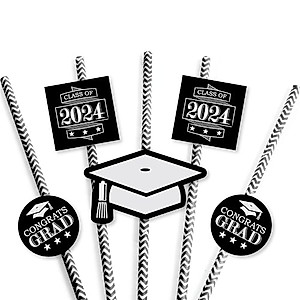 Big Dot of Happiness Graduation Cheers Paper Straw Decor - 2024 Graduation Party Striped Decorative Straws - Set of 24