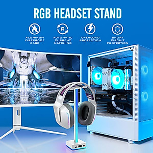 EZDIY-FAB USB LED Light Bar Headphones Stand, Desktop Atmosphere RGB Backlight,50 Built-in Color Modes, Headphone Holder for Gamers Gaming PC PS5 Accessories Desk- White- 1 Pack